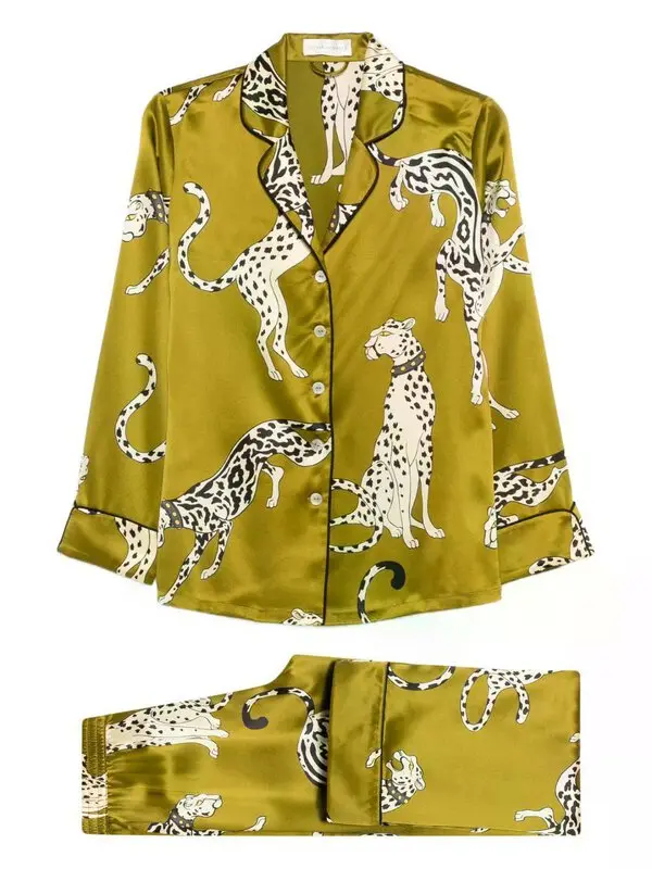 Olivia Von Halle Lila Chanson Animal-print Pyjama - Green