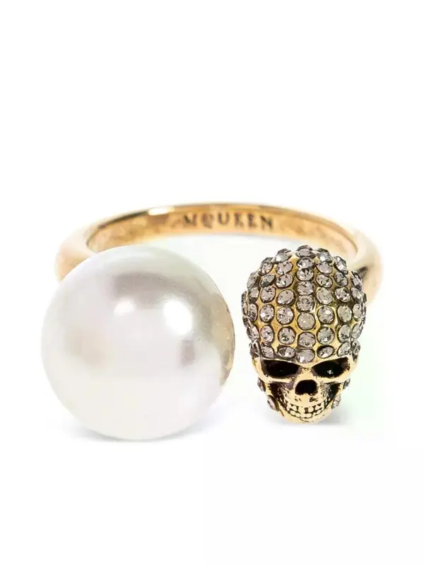 Alexander McQueen Pearl And Skull Ring - Gold