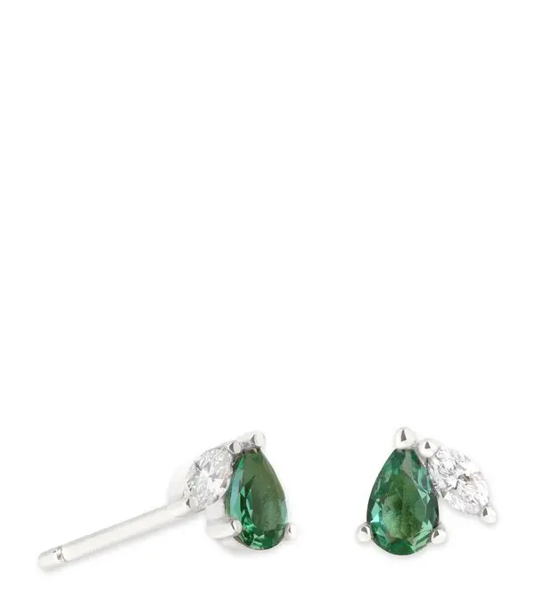 ASTRID & MIYU White Gold, Diamond, And Emerald Stud Earrings - Silver