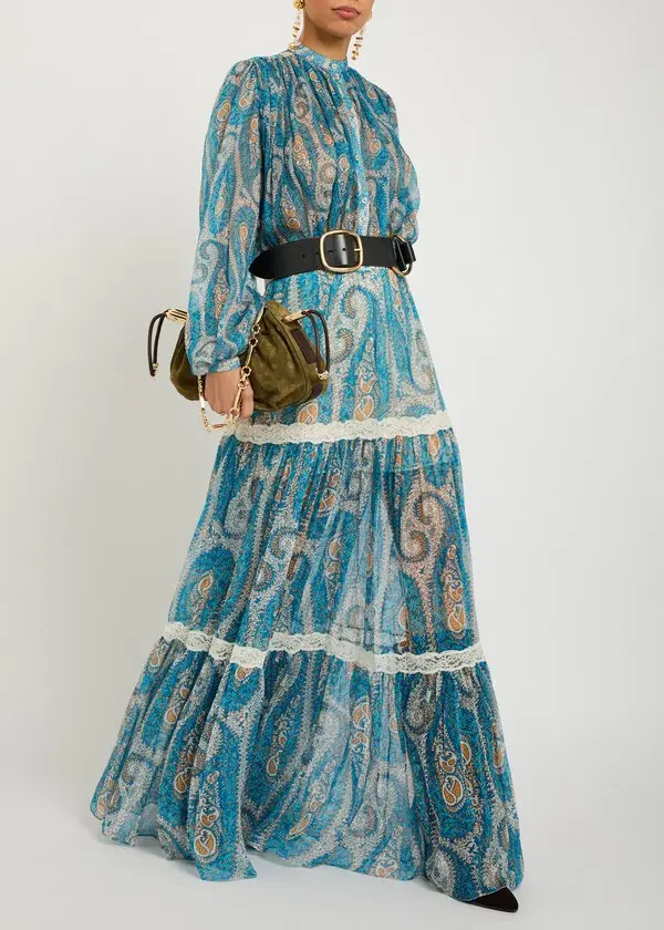 Etro Patterned Silk Maxi Skirt - Blue