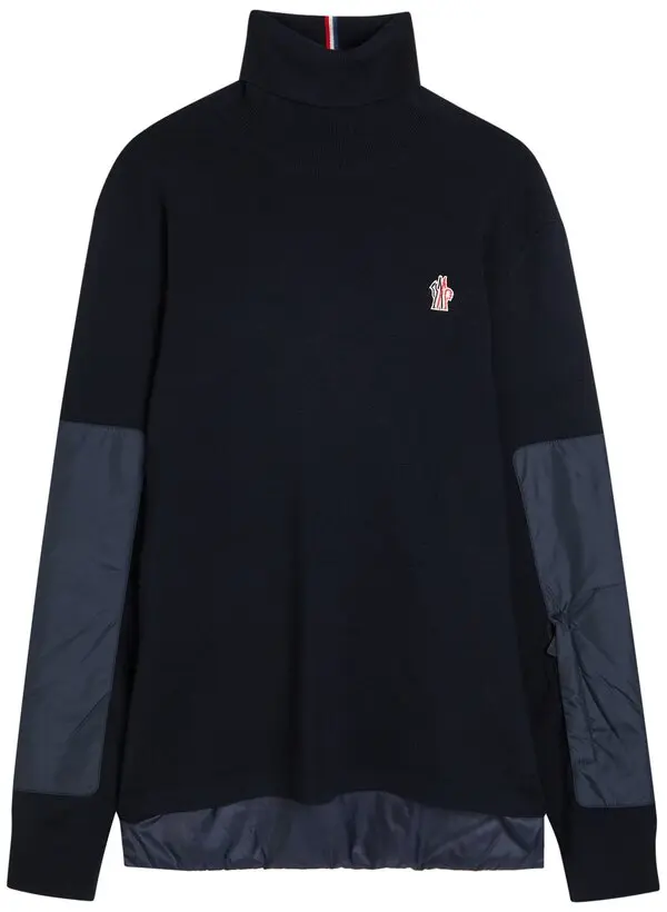 Moncler Panelled Roll-neck Wool-blend Jumper - Navy