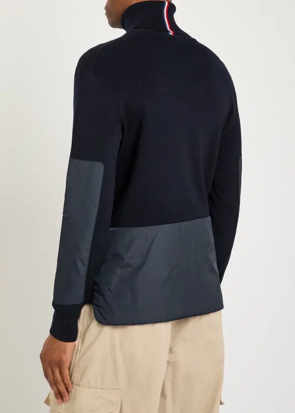 Moncler Panelled Roll-neck Wool-blend Jumper - Navy