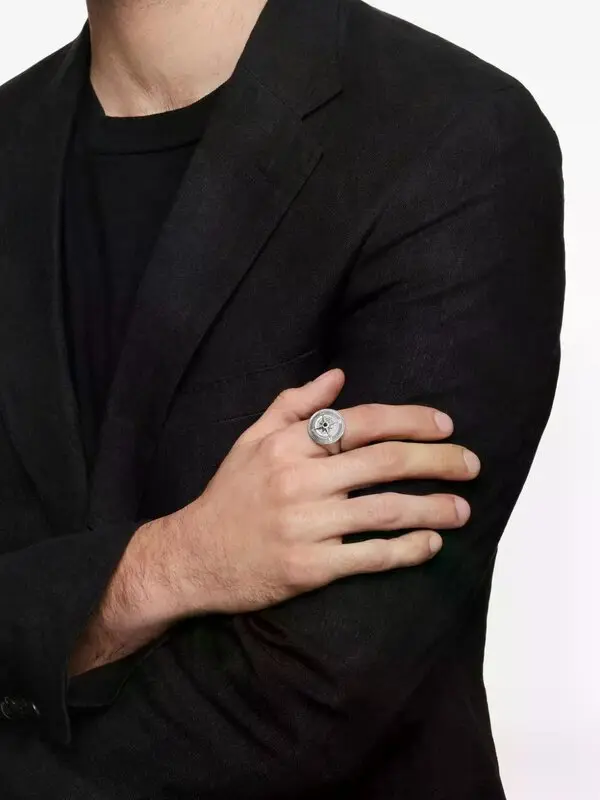 David Yurman Sterling Maritime Compass Black Diamond Signet Ring - Silver