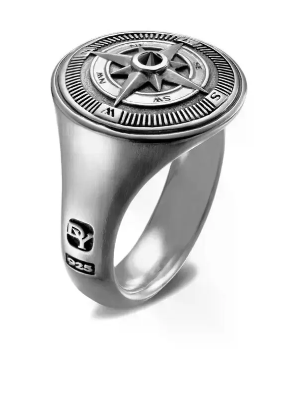 David Yurman Sterling Maritime Compass Black Diamond Signet Ring - Silver