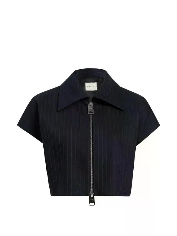 Khaite Robin Chalk Stripe Suiting Cropped Zip Top