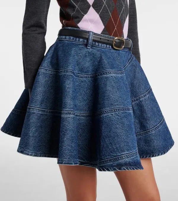SELF-PORTRAIT Belted Denim Miniskirt - Blue