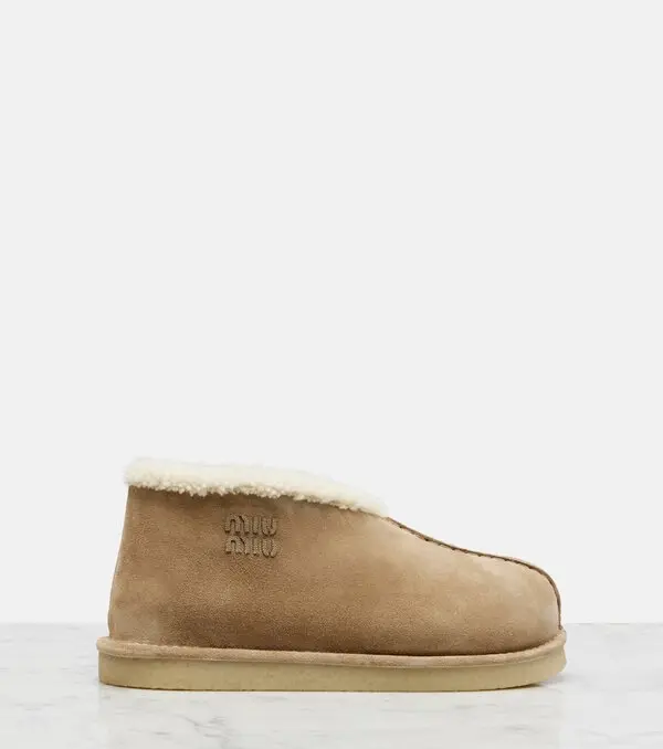 Miu Miu Shearling-lined Suede Ankle Boots - Beige