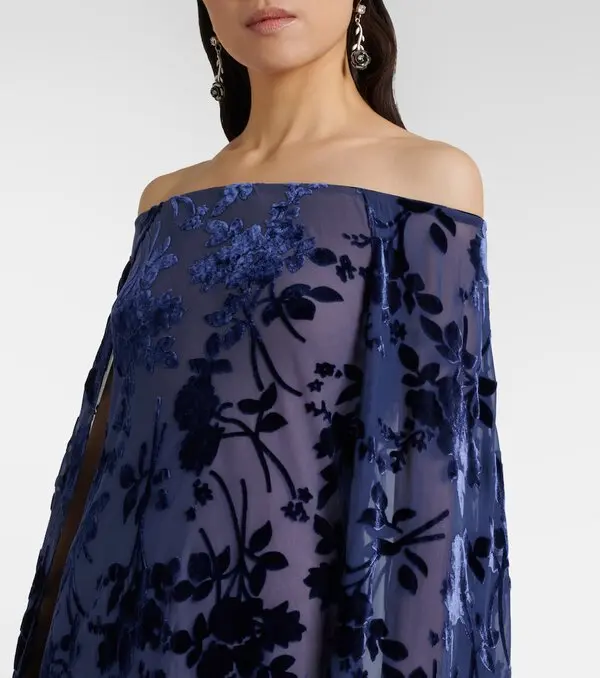 RODARTE Caped Off-shoulder Jacquard Maxi Dress - Blue