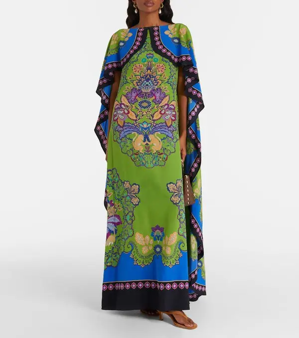 La DoubleJ Magic Printed Caped Silk Maxi Dress - Green