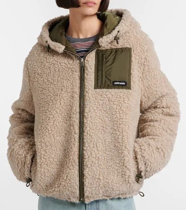 Miu Miu Wool-blend Teddy Down Jacket - Beige