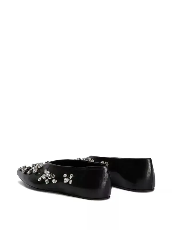 JIL SANDER Leather Crystal Embellished Pointed Toe Ballerinas - Black