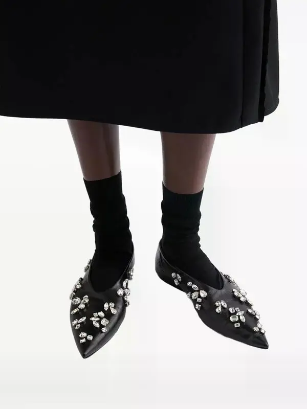 JIL SANDER Leather Crystal Embellished Pointed Toe Ballerinas - Black