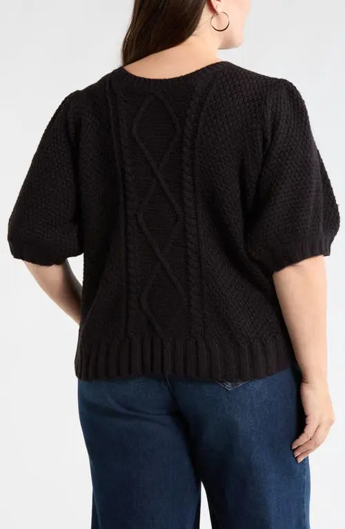 SUGARLIPS Puff Sleeve Cable Stitch Sweater - Black