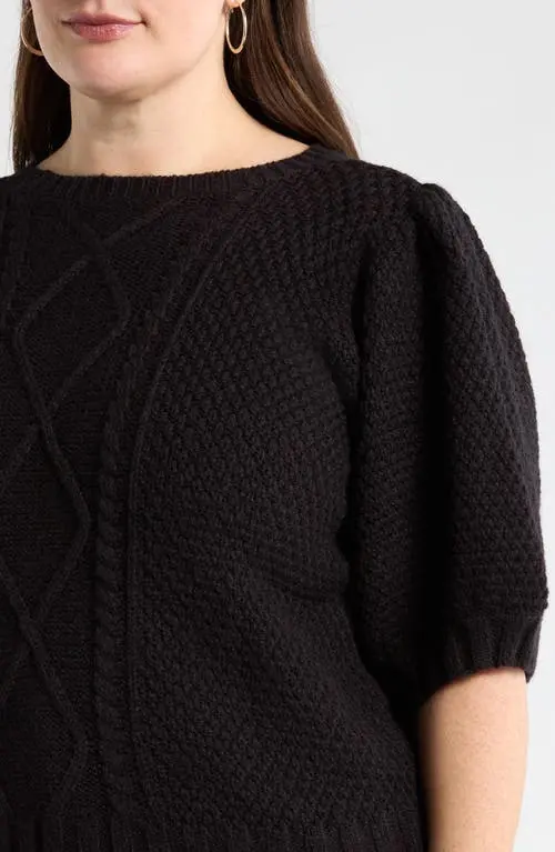 SUGARLIPS Puff Sleeve Cable Stitch Sweater - Black