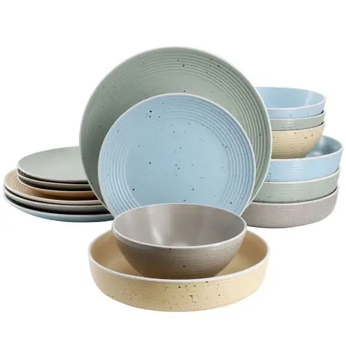 ELAMA Emilia 16 Piece Assorted Double Bowl Stoneware Dinnerware Set - White