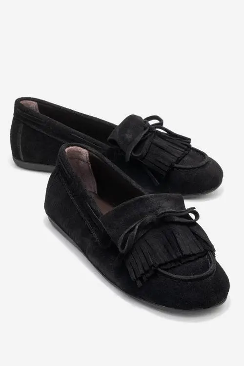 FOREVER & ALWAYS SHOES Leather Tassel Loafer - Black Suede Leather