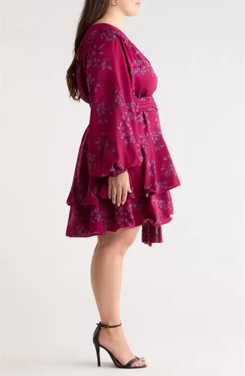 SUGARLIPS Floral Print Fringe Long Sleeve Dress