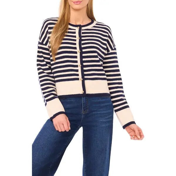 CECE DUPRAZ Striped Crewneck Cardigan - Classic Navy