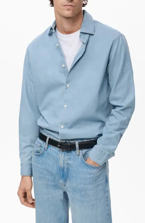 Mango Cotton Chambray Button-up Shirt - Light Blue
