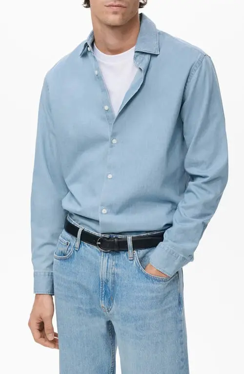 Mango Cotton Chambray Button-up Shirt - Light Blue