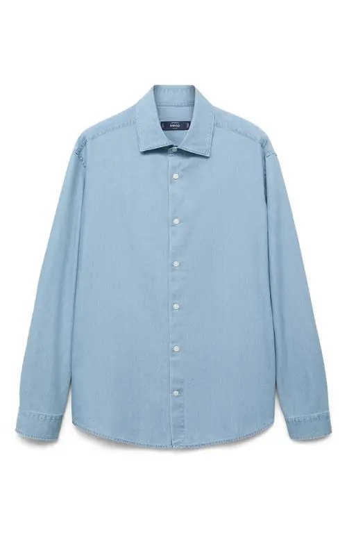 Mango Cotton Chambray Button-up Shirt - Light Blue