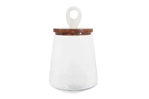 STORIED HOME Small Glass Jar With Mango Wood & Marble Lid - Clear