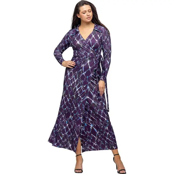 24SEVEN COMFORT APPAREL Printed Collared Wrap Maxi Dress