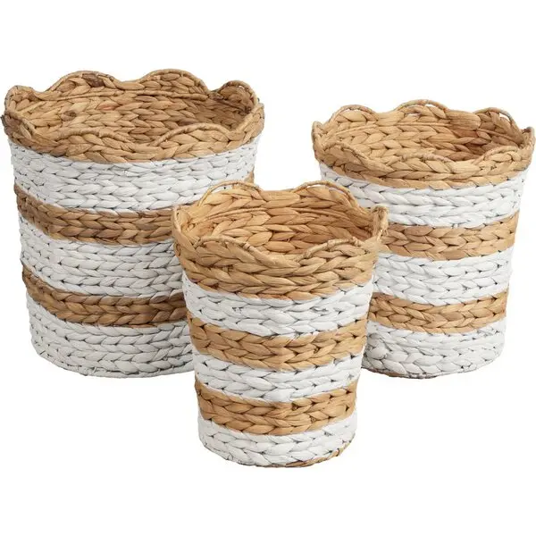 HAPPIMESS Calvin Handwoven Water Hyacinth Scalloped Edge Nesting Baskets - White/natural