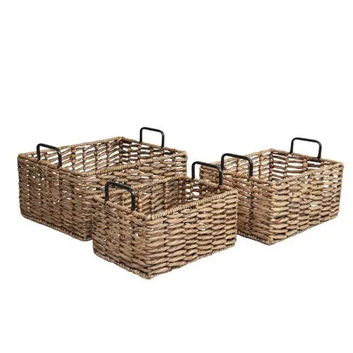 HAPPIMESS Handwoven Water Hyacinth Nesting Storage Baskets With Metal Handles - Brown