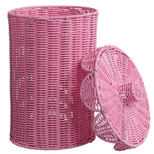 HAPPIMESS Resin 2.9-gallon Cylinder Wicker Watebasket With Scalloped Lid - Pink