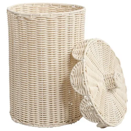 HAPPIMESS Resin 2.9-gallon Cylinder Wicker Watebasket With Scalloped Lid - White