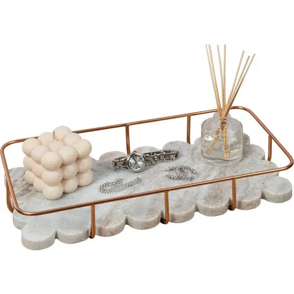 HAPPIMESS Monarch Modern Industrial Metal/marble Scalloped Base Vanity Tray - Beige Marble/rose Gold