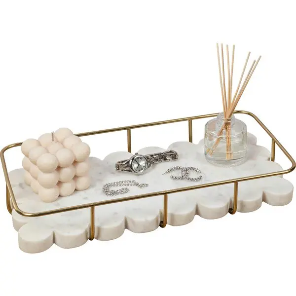 HAPPIMESS Monarch Modern Industrial Metal/marble Scalloped Base Vanity Tray - White Marble/gold