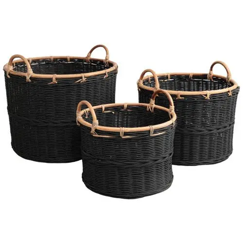 HAPPIMESS Vista Handwoven Rattan Nesting Storage Baskets With Handles - Black