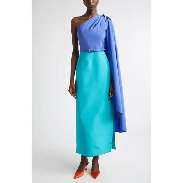 Carolina Herrera Colorblock Belted Silk Faille Gown With Detachable Cape Sleeve