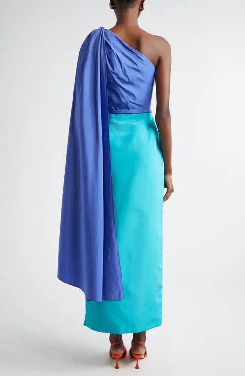 Carolina Herrera Colorblock Belted Silk Faille Gown With Detachable Cape Sleeve