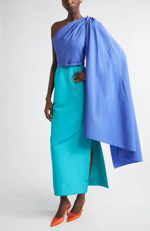 Carolina Herrera Colorblock Belted Silk Faille Gown With Detachable Cape Sleeve