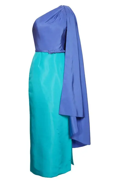 Carolina Herrera Colorblock Belted Silk Faille Gown With Detachable Cape Sleeve