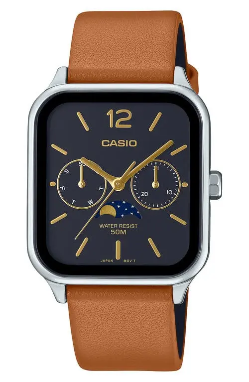 Casio Moonphase Leather Strap Watch - Brown