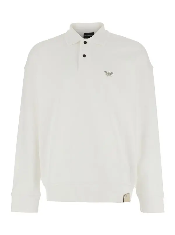 Emporio Armani Sweatshirt With Polo Shirt Style Collar And Logo Embroidery On The Front In Cotton - White