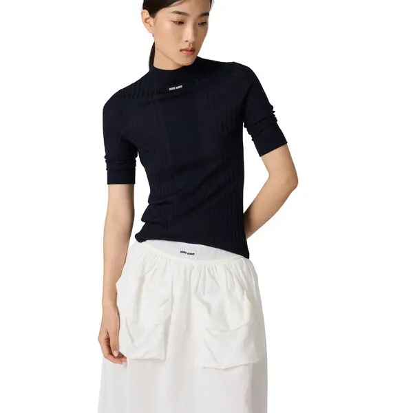 Miu Miu Ribbed Wool Knit Sweater - Navy
