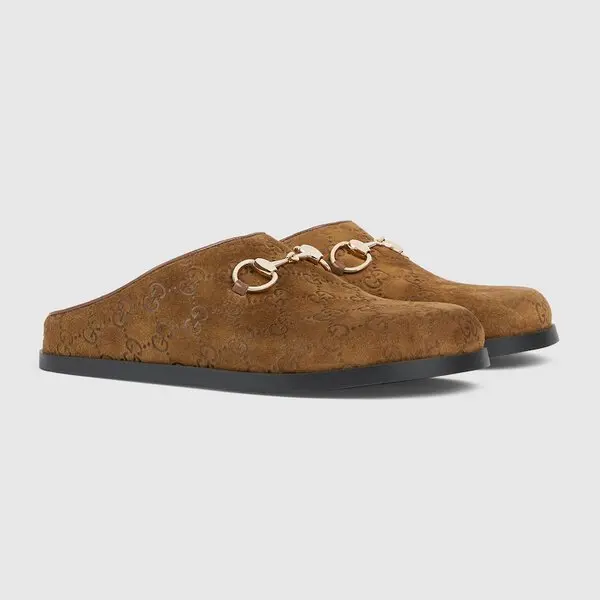 Gucci Horsebit Gg Suede Mule - Brown