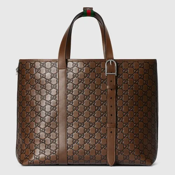 Gucci Gg Embossed Leather Large Tote - Brown