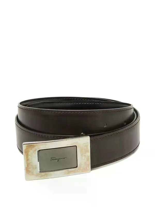 FERRAGAMO Leather Belt With Silver Tone Buckle - Black
