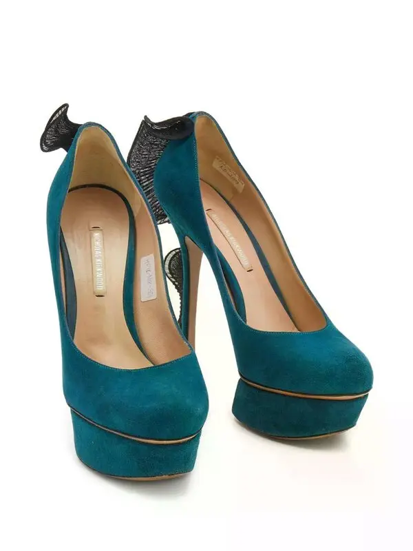 NICHOLAS KIRKWOOD Teal Suede Ruffled Platform Stiletto Pumps