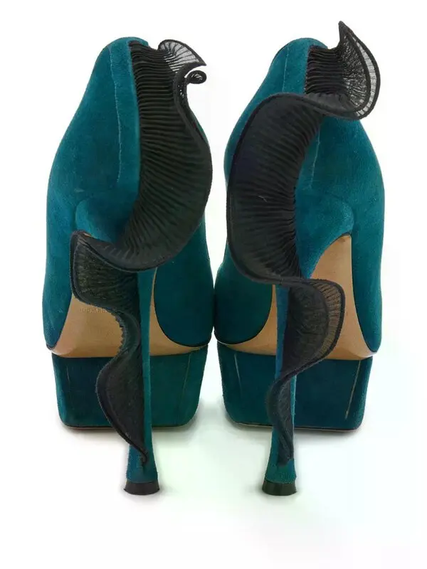 NICHOLAS KIRKWOOD Teal Suede Ruffled Platform Stiletto Pumps