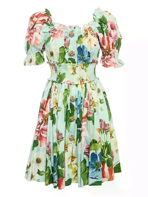 Dolce & Gabbana Floral-print Smocked Dress - Blue