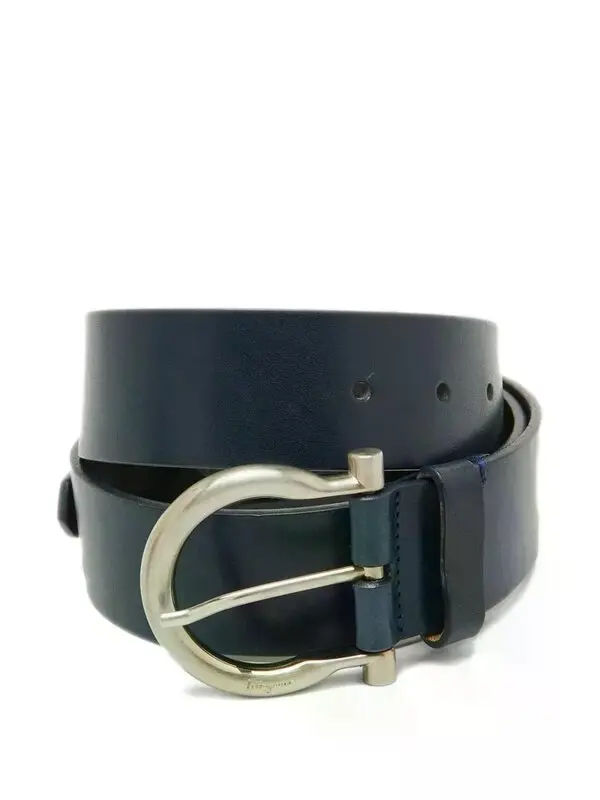 FERRAGAMO Leather Belt With Silver Tone Buckle - Blue