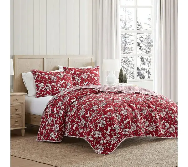 MARTHA STEWART Dancing Deer Red Reversible Twin Quilt Set - One-color