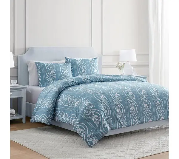 MARTHA STEWART Sophia Stripe Blue Cotton Queen Duvet Set - One-color